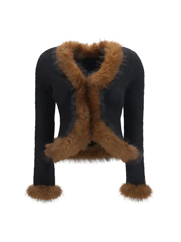 SELF-PORTRAIT Knit And Faux Fur Cardigan - Blue