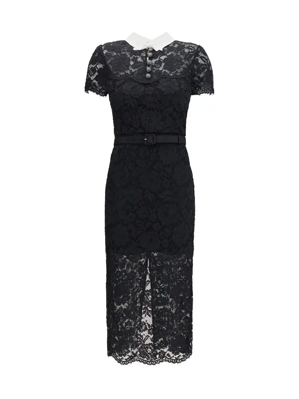 SELF-PORTRAIT Lace Contrast Collar Midi Dress - Black