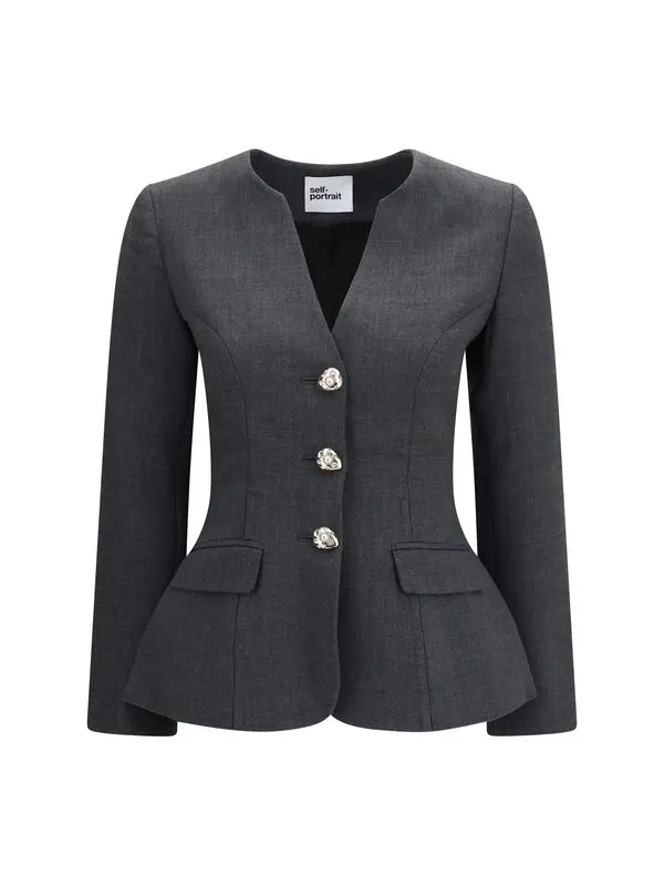 SELF-PORTRAIT Collarless Wool Jacket With Embellished Buttons - Gray