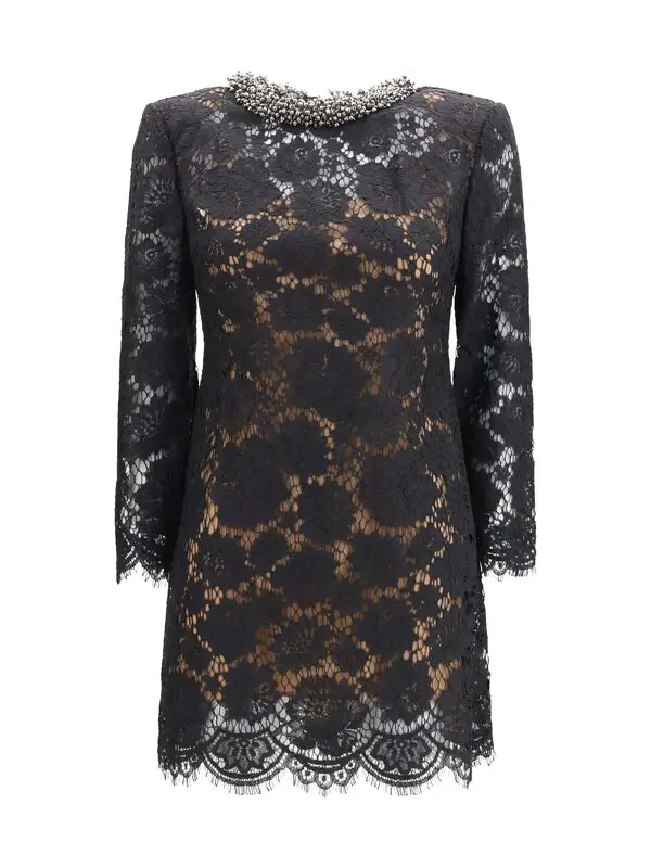 SELF-PORTRAIT Lace Embellished Crew Neck Mini Dress - Black