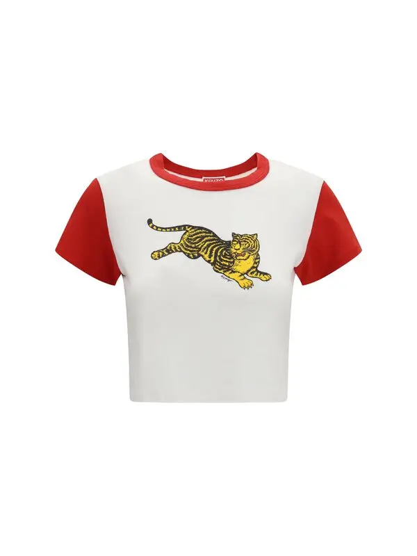 Kenzo Jumping Tiger Cropped Cotton T-shirt - White