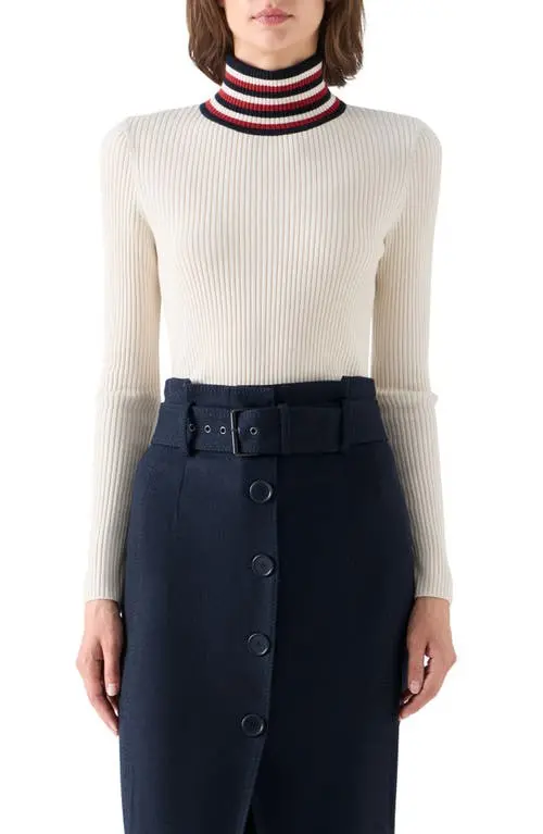 Akris Striped Mock Neck Merino Wool Sweater - Cream-navy-rusty Red