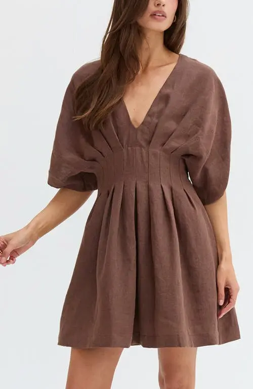 CRESCENT Pleated Linen Mini Dress With Dolman Sleeves And V-neckline - Brown