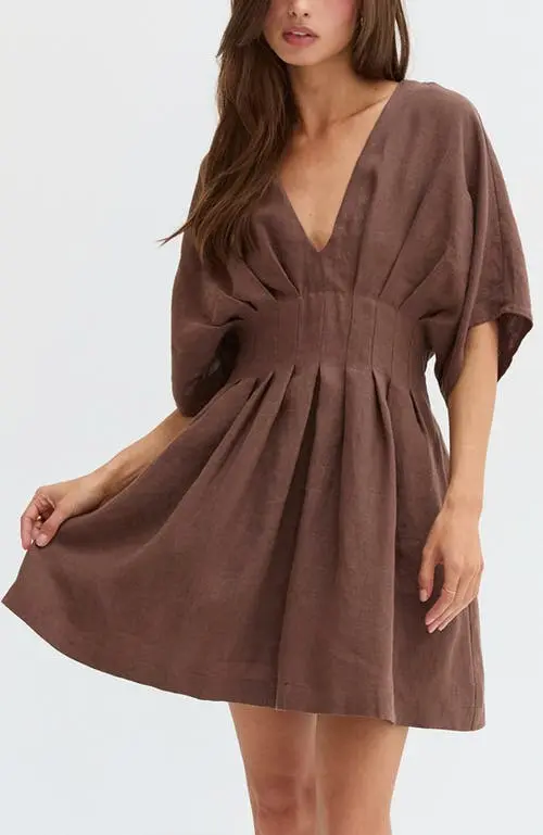 CRESCENT Pleated Linen Mini Dress With Dolman Sleeves And V-neckline - Brown