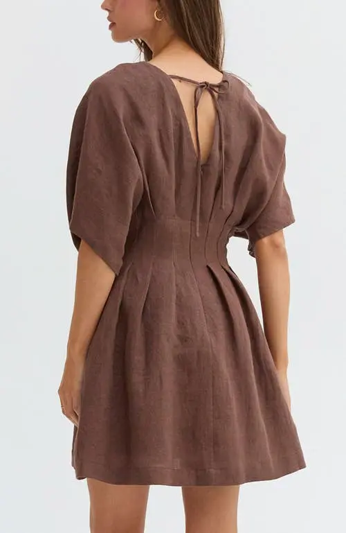 CRESCENT Pleated Linen Mini Dress With Dolman Sleeves And V-neckline - Brown