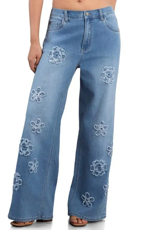 HINT OF BLU Floral Appliqué Straight Leg Jeans - Denim Sky