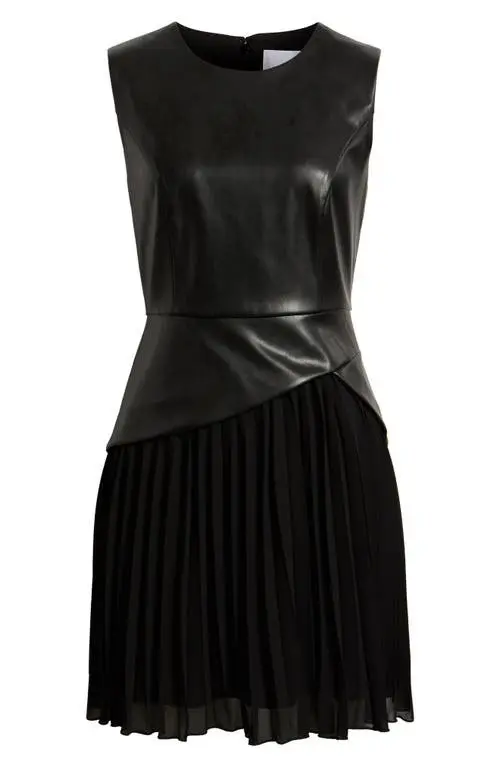 Sam Edelman Sleeveless Faux Leather Dress With Pleated Chiffon Skirt