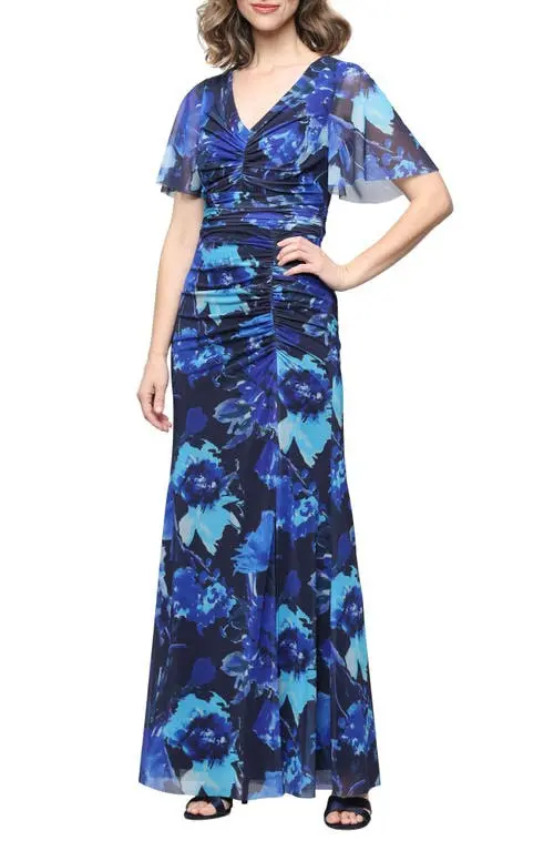 SL FASHIONS Floral Print Mesh Gown