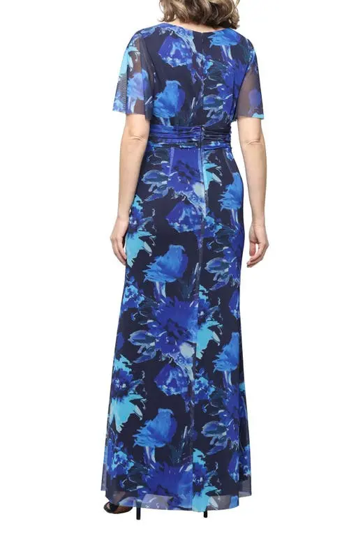SL FASHIONS Floral Print Mesh Gown