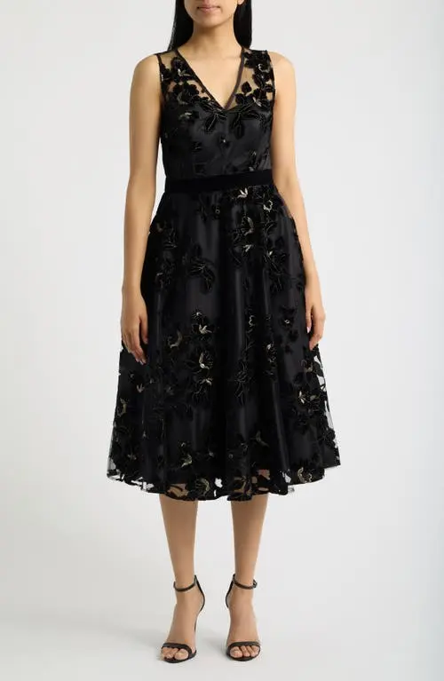 Eliza J Floral Appliqué V-neck Sleeveless Party Dress - Black