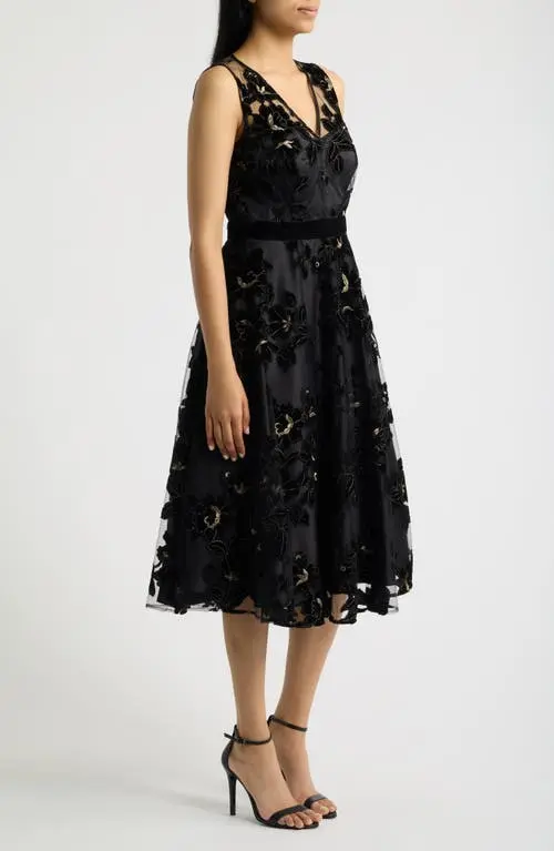 Eliza J Floral Appliqué V-neck Sleeveless Party Dress