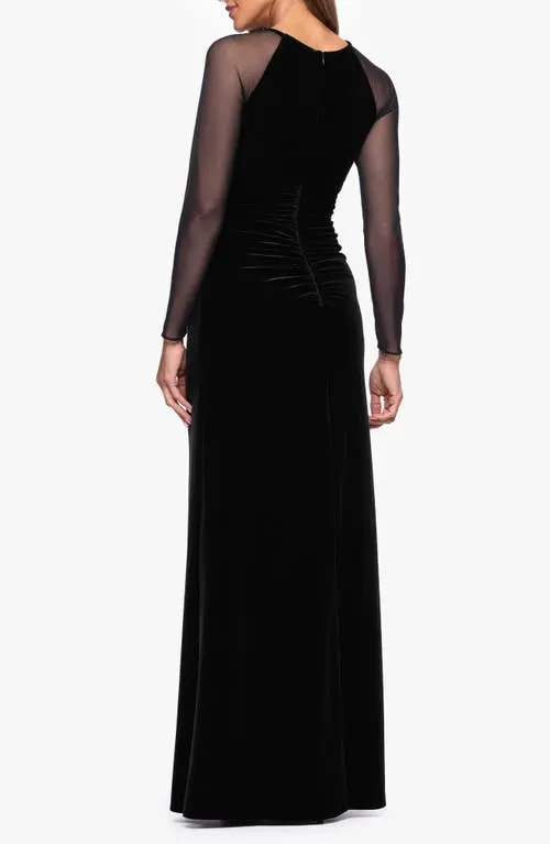 Betsy & Adam Mesh Long Sleeve Ruched Velvet Gown