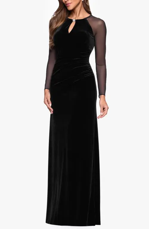 Betsy & Adam Mesh Long Sleeve Ruched Velvet Gown