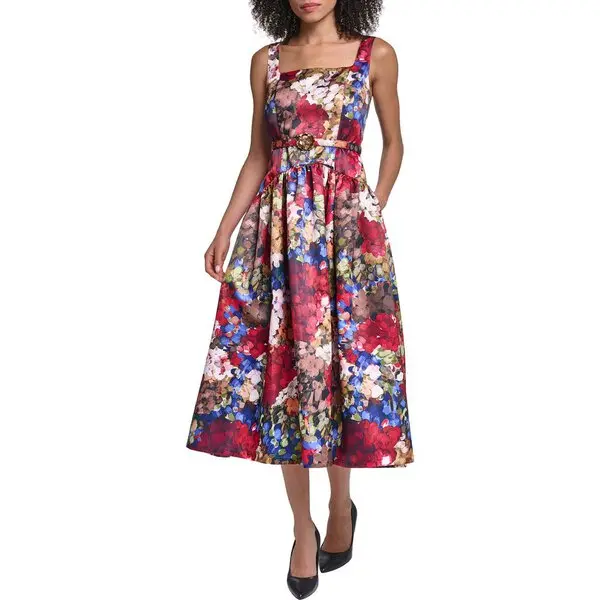 Karl Lagerfeld Paris Sleeveless Square Neck Floral Print Midi Dress - Port Vine Multi