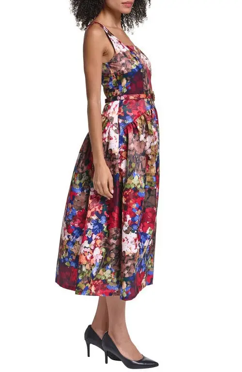 Karl Lagerfeld Paris Sleeveless Square Neck Floral Print Midi Dress - Port Vine Multi