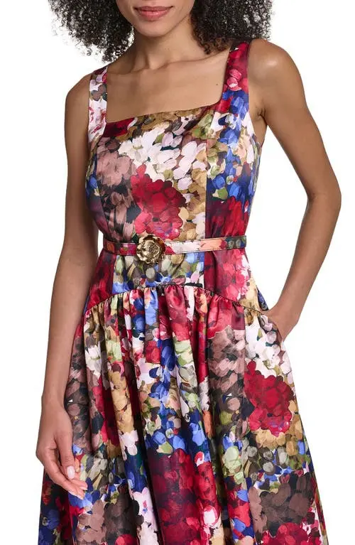 Karl Lagerfeld Paris Sleeveless Square Neck Floral Print Midi Dress - Port Vine Multi