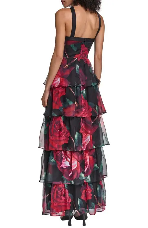 Karl Lagerfeld Paris Floral Halter Neck Tiered Gown
