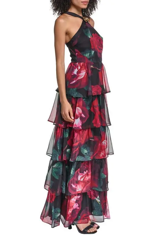 Karl Lagerfeld Paris Floral Halter Neck Tiered Gown