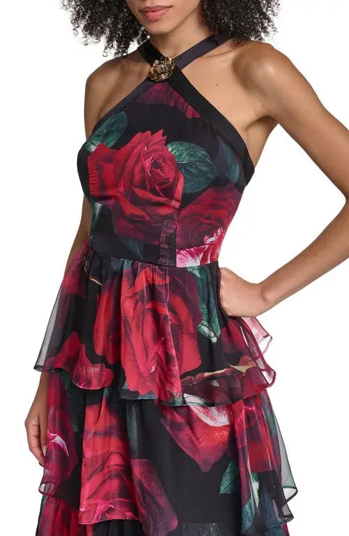 Karl Lagerfeld Paris Floral Halter Neck Tiered Gown
