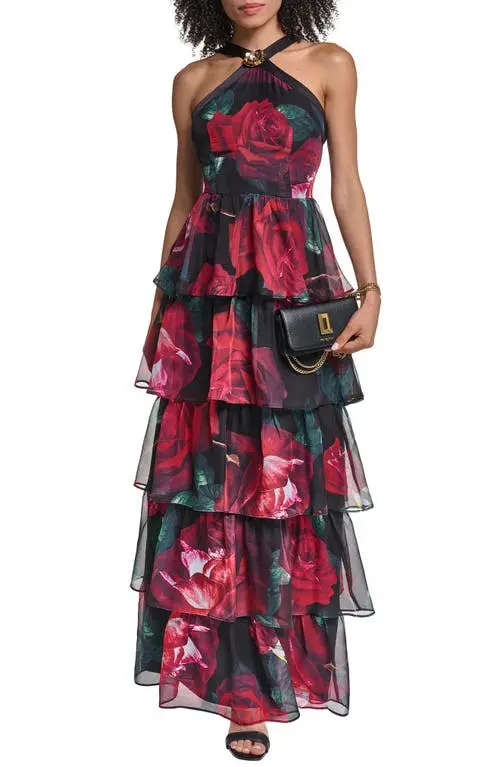 Karl Lagerfeld Paris Floral Halter Neck Tiered Gown