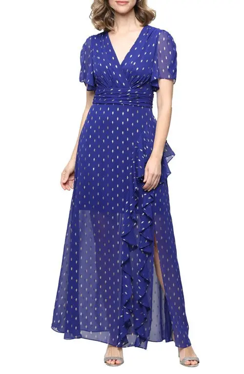 SL FASHIONS Short Sleeve Foil Dot Chiffon Gown - Iris