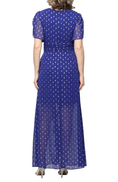 SL FASHIONS Short Sleeve Foil Dot Chiffon Gown - Iris