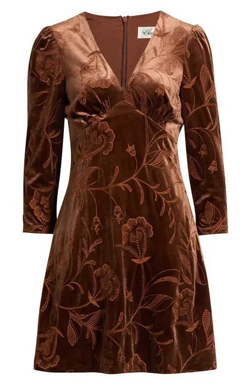 Eliza J Long Sleeve Embroidered Velvet Dress