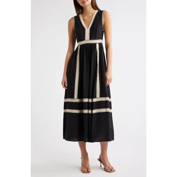 Moon River Rickrack Sleeveless V-neck Midi Dress