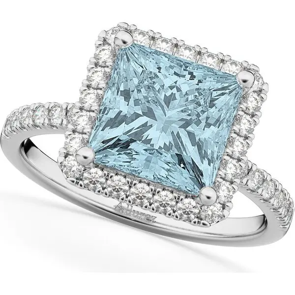 ALLUREZ Princess Cut Halo Aquamarine & Diamond Engagement Ring 14k - 3.47ct/white Gold