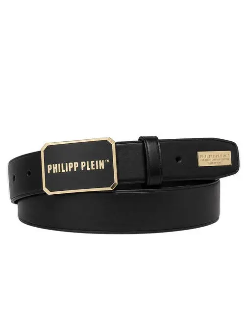 Philipp Plein Logo Plaque Leather Belt - Black/lightgold