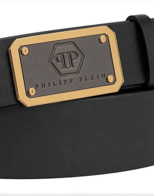 Philipp Plein Hexagon Logo Leather Belt - Black/lightgold