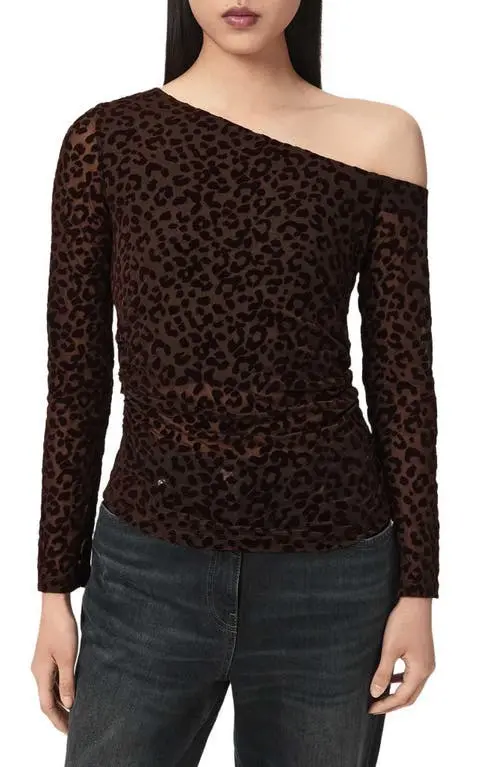 ALLSAINTS Mimi Off The Shoulder Leopard Print Top - Brown