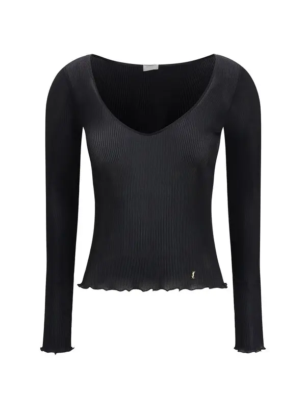Saint Laurent Cassandre V Neck Ribbed Silk Top