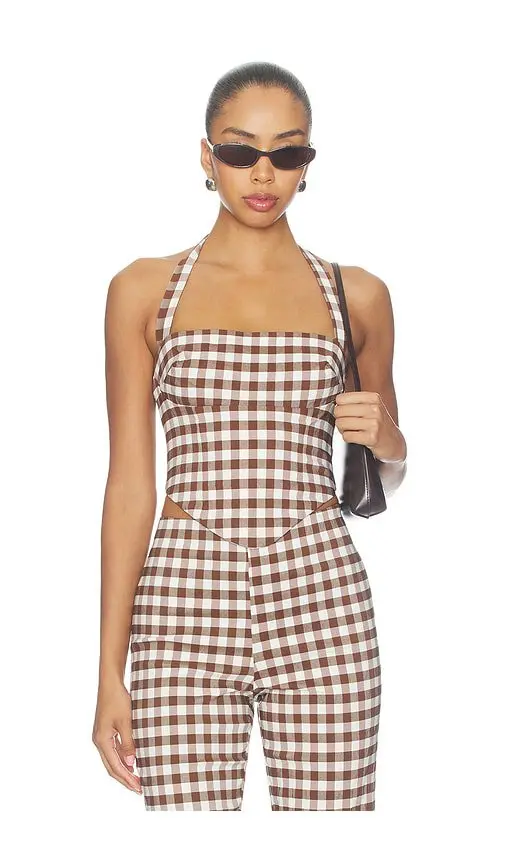 Majorelle Halterneck Cropped Top - Brown Gingham