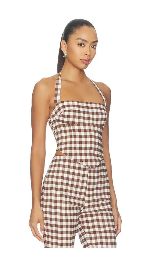 Majorelle Halterneck Cropped Top - Brown Gingham