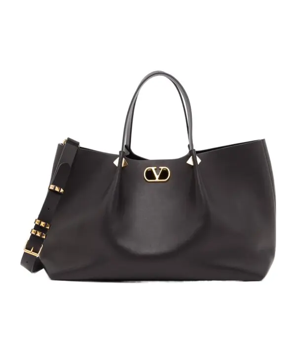 Valentino Garavani Large Soft Leather Shopping Bag With Maxi Studs And Vlogo Signature - Black