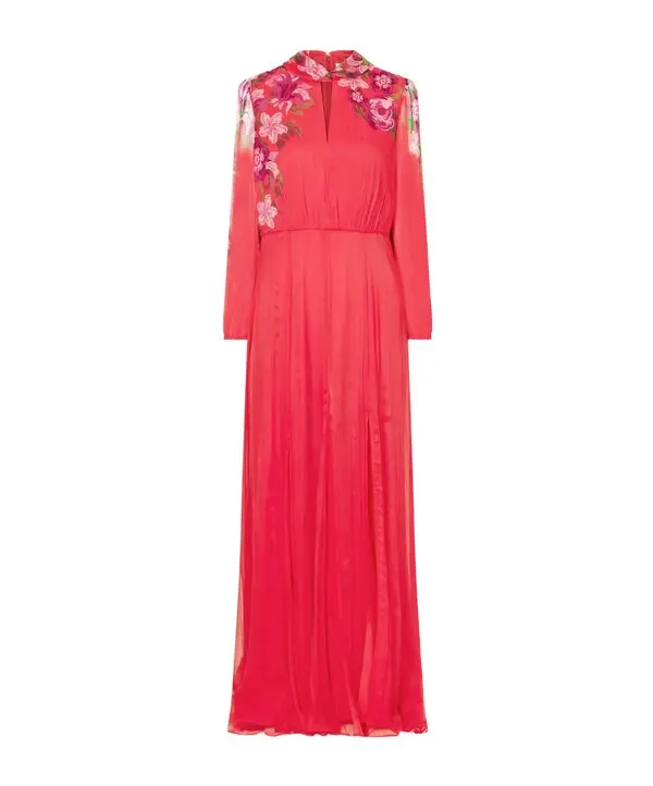 Saloni Floral-print Silk-crepon Maxi Dress - Red