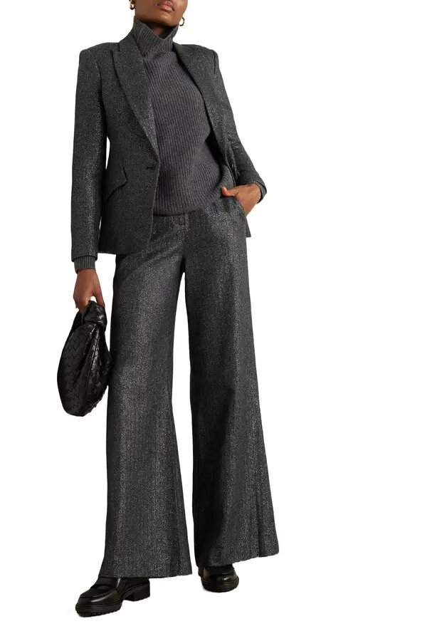 L'Agence Metallic Herringbone Wool Blend Wide-leg Pants