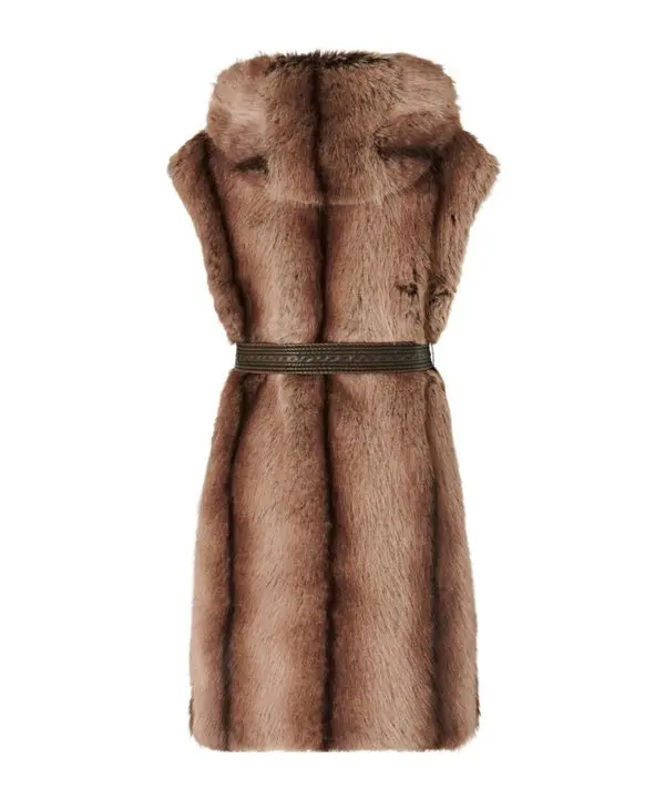 Pinko Hooded Sleeveless Faux Fur Coat With Belt