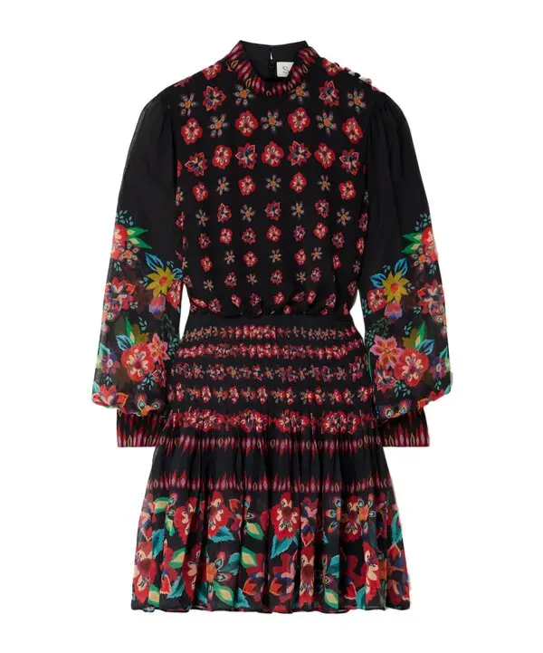 Saloni Isa Pleated Floral-print Silk Crepe De Chine Mini Dress - Black