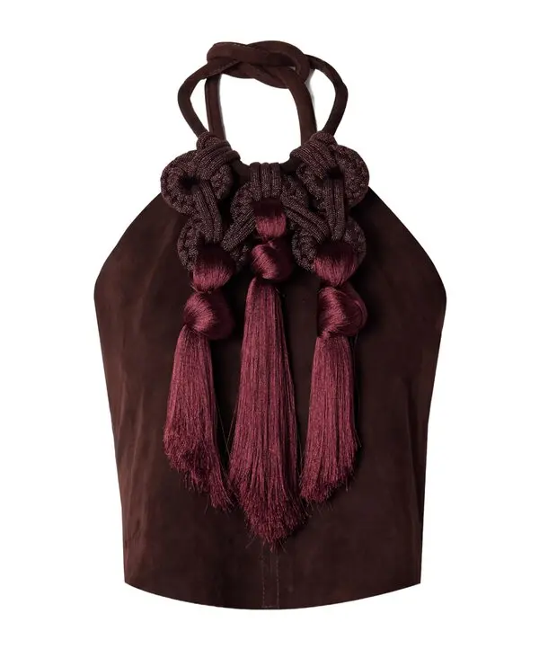 Johanna Ortiz Cropped Suede Halterneck Top With Tassels - Black