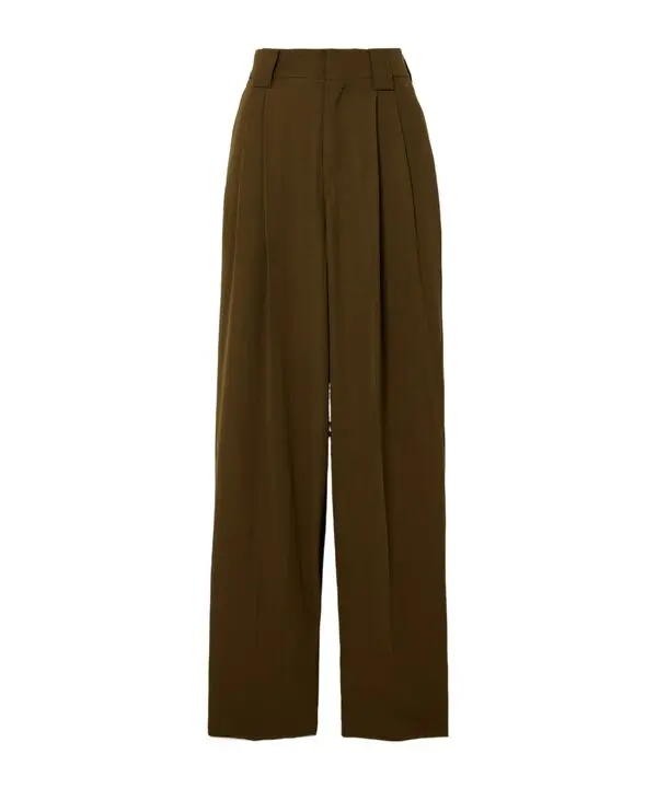 PETAR PETROV Wool Pleated Wide Leg Trousers - Brown