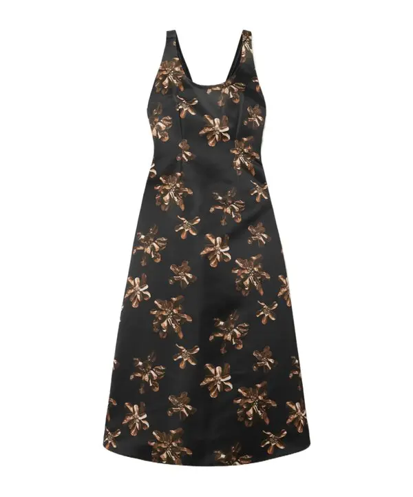 EMILIA WICKSTEAD Satin U-neck Midi Dress With Vintage Floral Print - No
