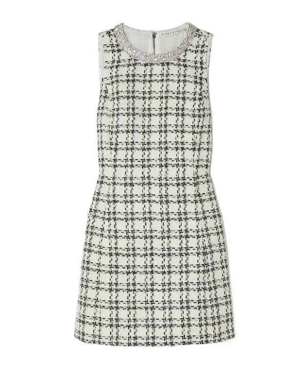 ALICEOLIVIA Crystal Embellished Checked Tweed Mini Dress