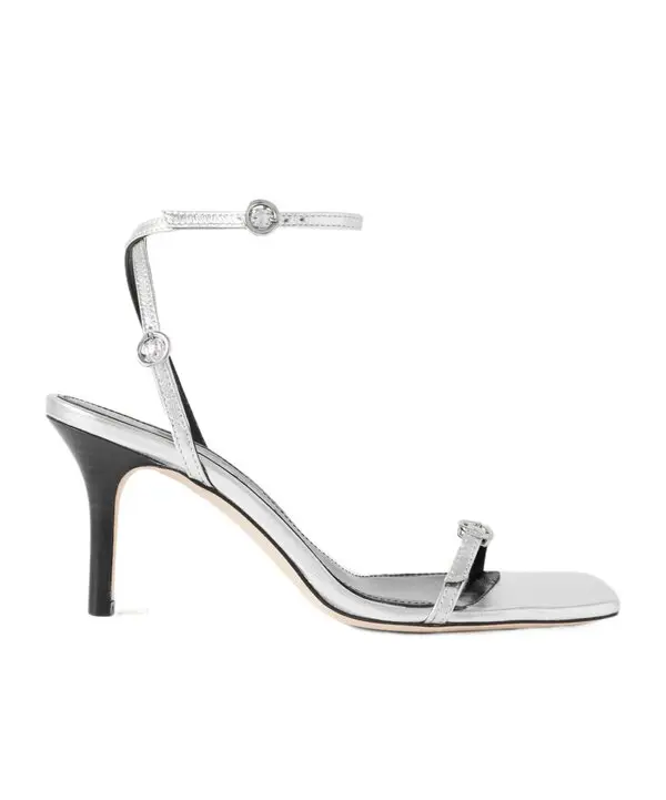AeydĒ Silver Metallic Leather Stiletto Heel Ankle Strap Sandals - No