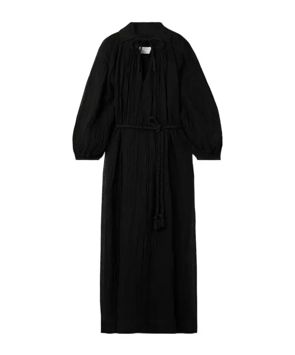 Lisa Marie Fernandez Textured Maxi Dress With Tie Neck And Tassel Belt - Black