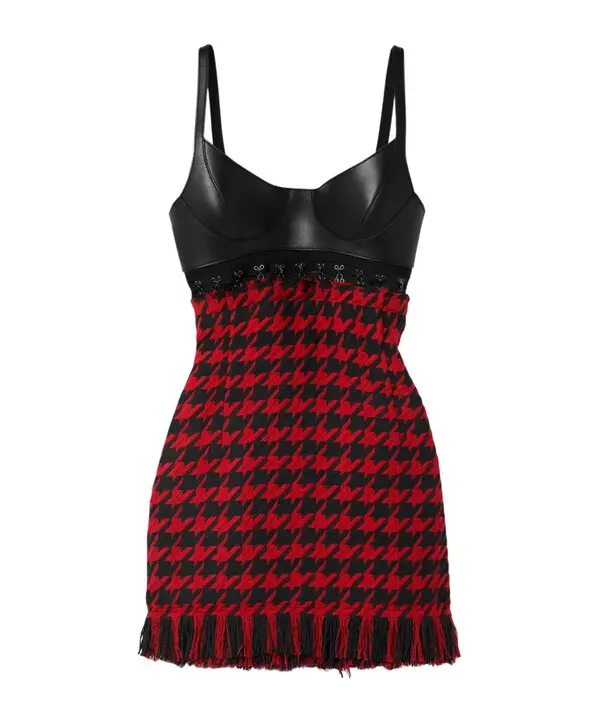 Monse Leather-trimmed Fringed Knitted Houndstooth Mini Dress