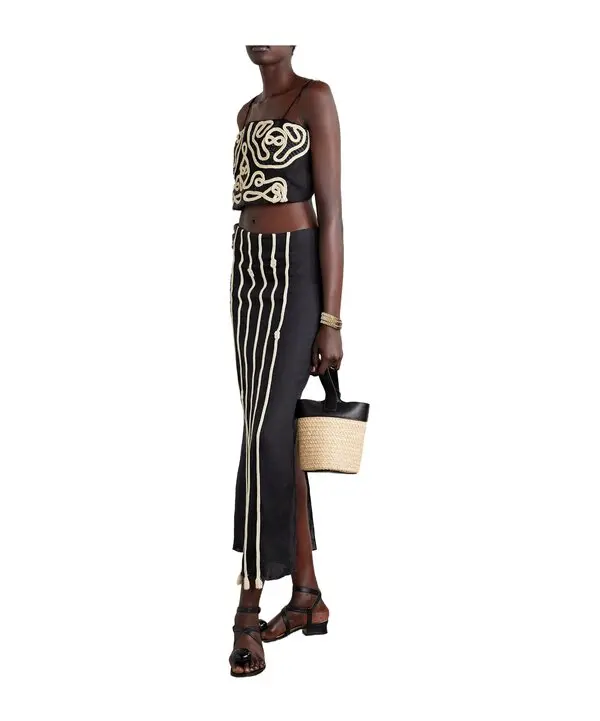 Johanna Ortiz Cropped Appliquéd Linen Top