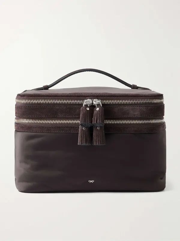 ANYA HINDMARCH Suede-trimmed Shell Vanity Case - Chocolate
