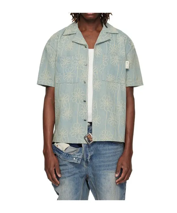Andersson Bell Floral Embroidered Open Collar Denim Shirt